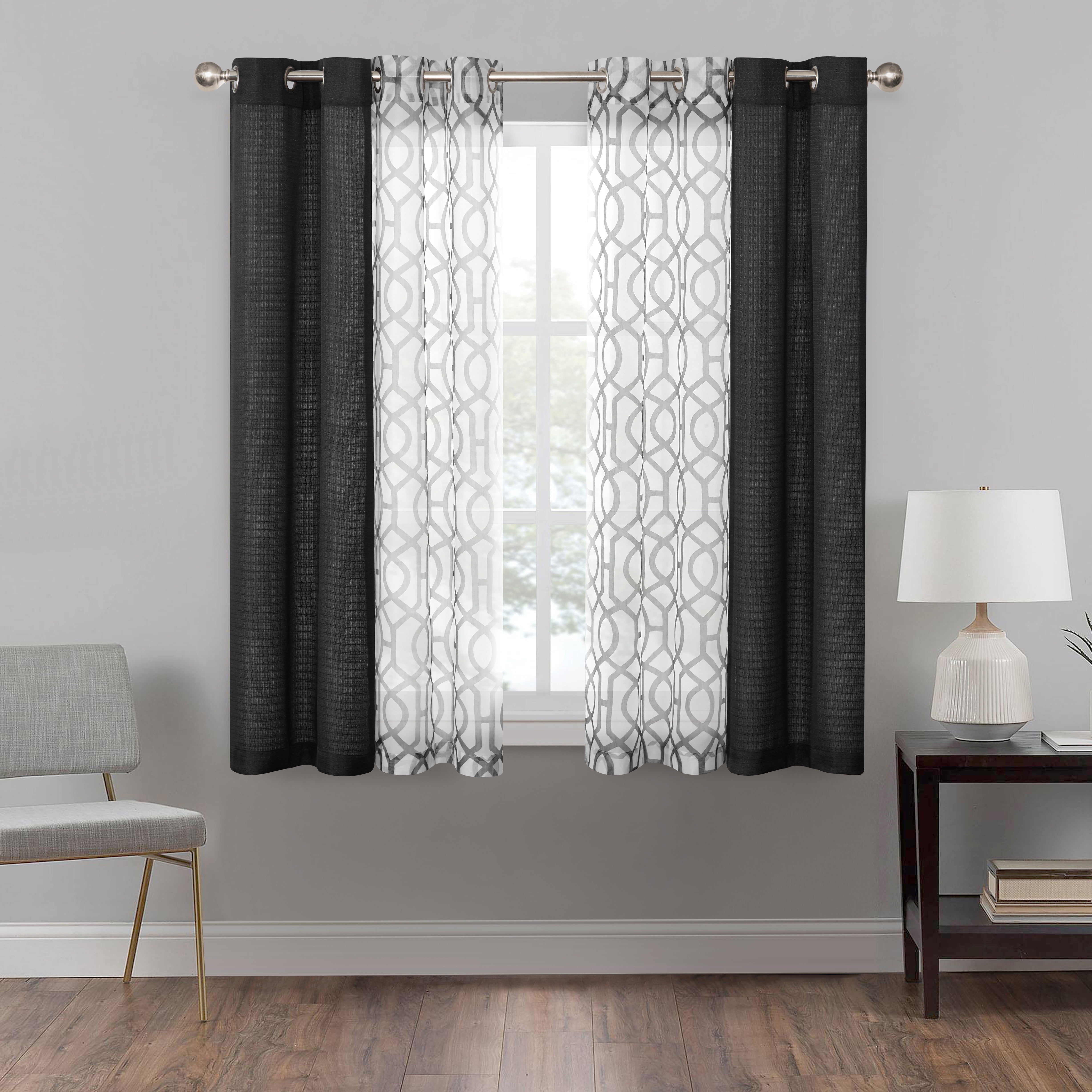 Mainstays Solid Curtain and Print Sheers Set, 4 Panels, Black, 27.5" W ...