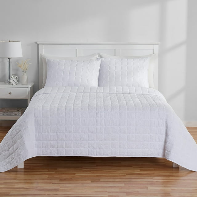 Mainstays Solid Textured Box Crinkle Quilt, White, Full/Queen, Soft ...