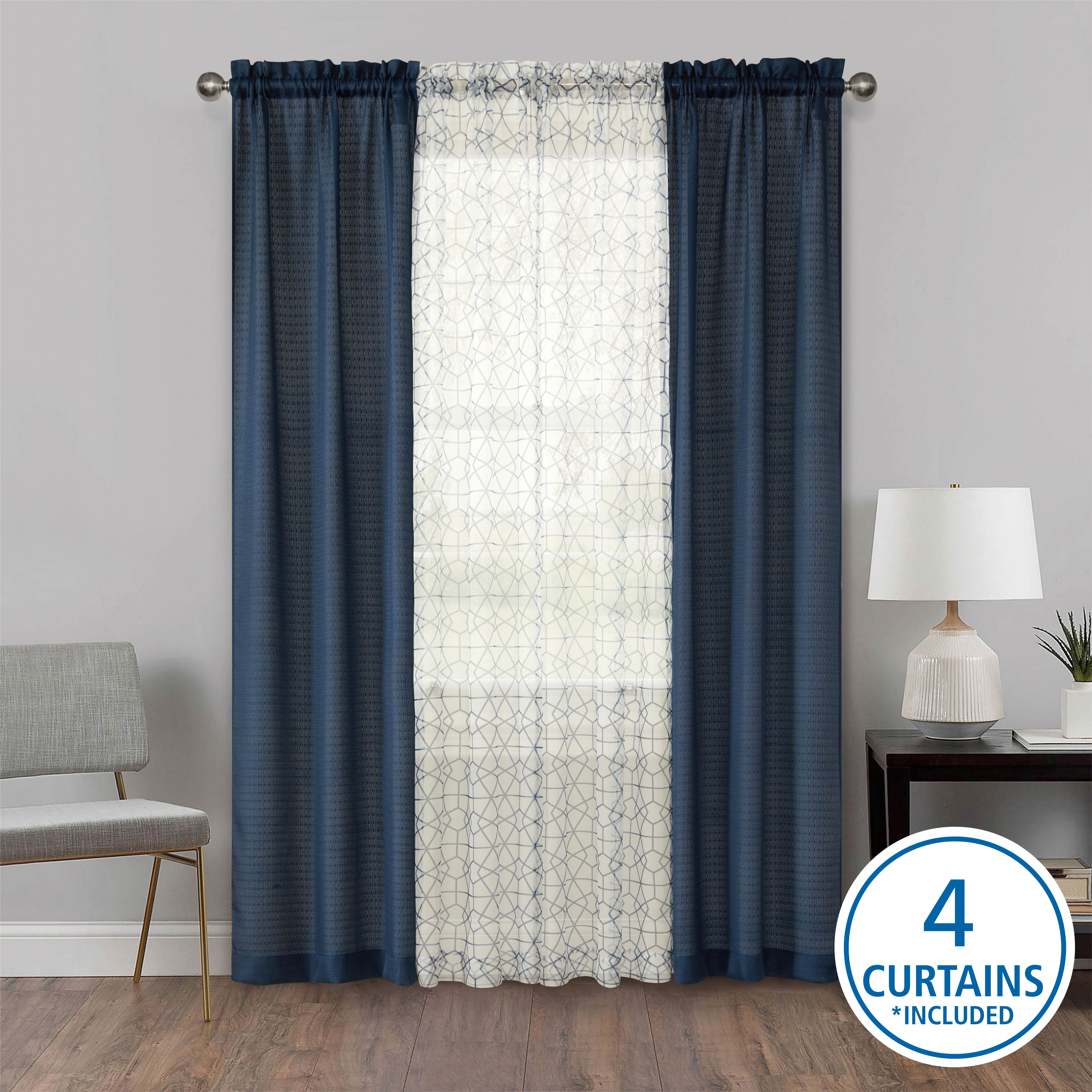 Mainstays Curtain and Sheers Set, 4 Panels, Blue Moon, 27.5" W x 84” L ...