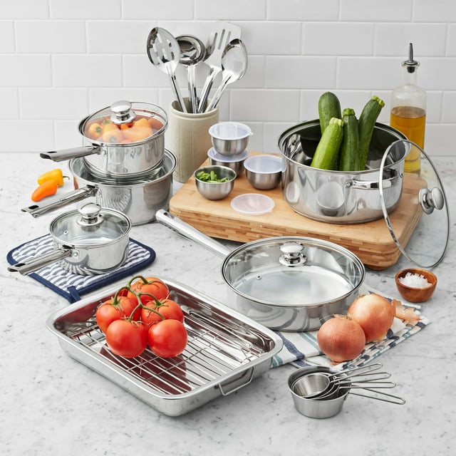 Mainstays Stainless Steel 24-Piece Kitchen Set, Dishwasher Safe ...