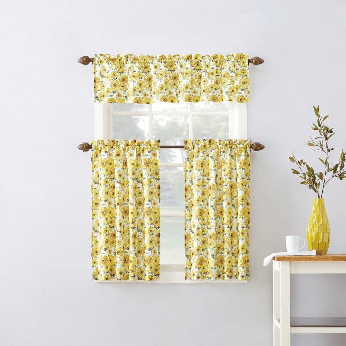 Mainstays Sunflower Kitchen Curtain Set 54x36 Floral Rod Pocket 3-Piece ...