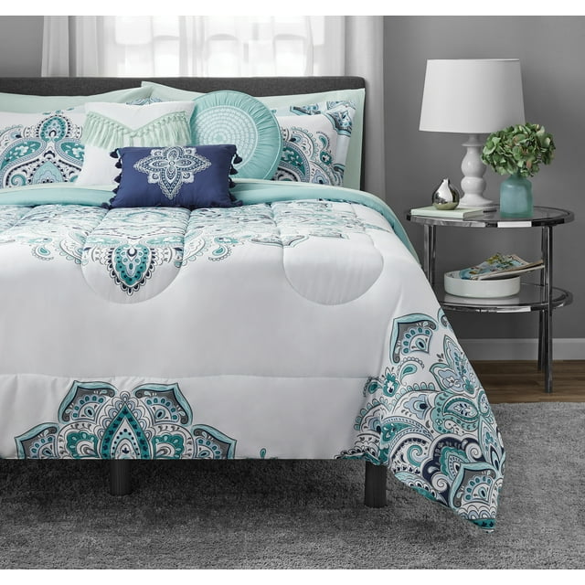 Mainstays Teal Medallion 10-Piece Bed in a Bag Comforter Set with ...