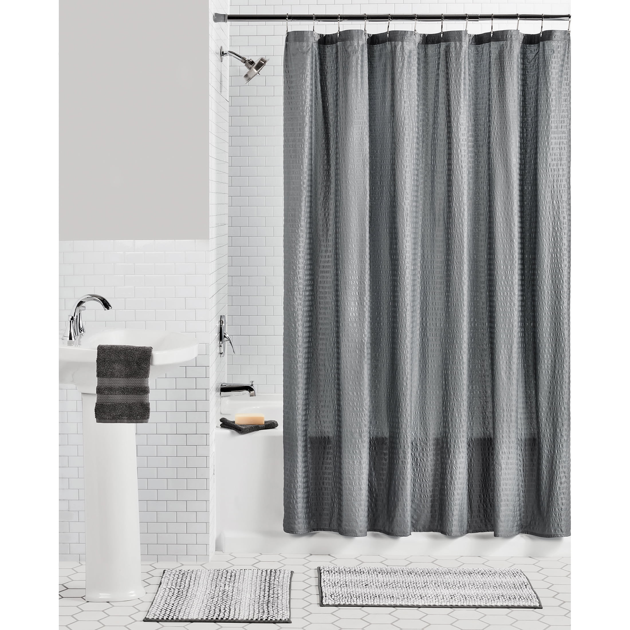 Mainstays Textured Grey 15 Piece Shower Curtain and Rug Bath Set, 70x72 ...