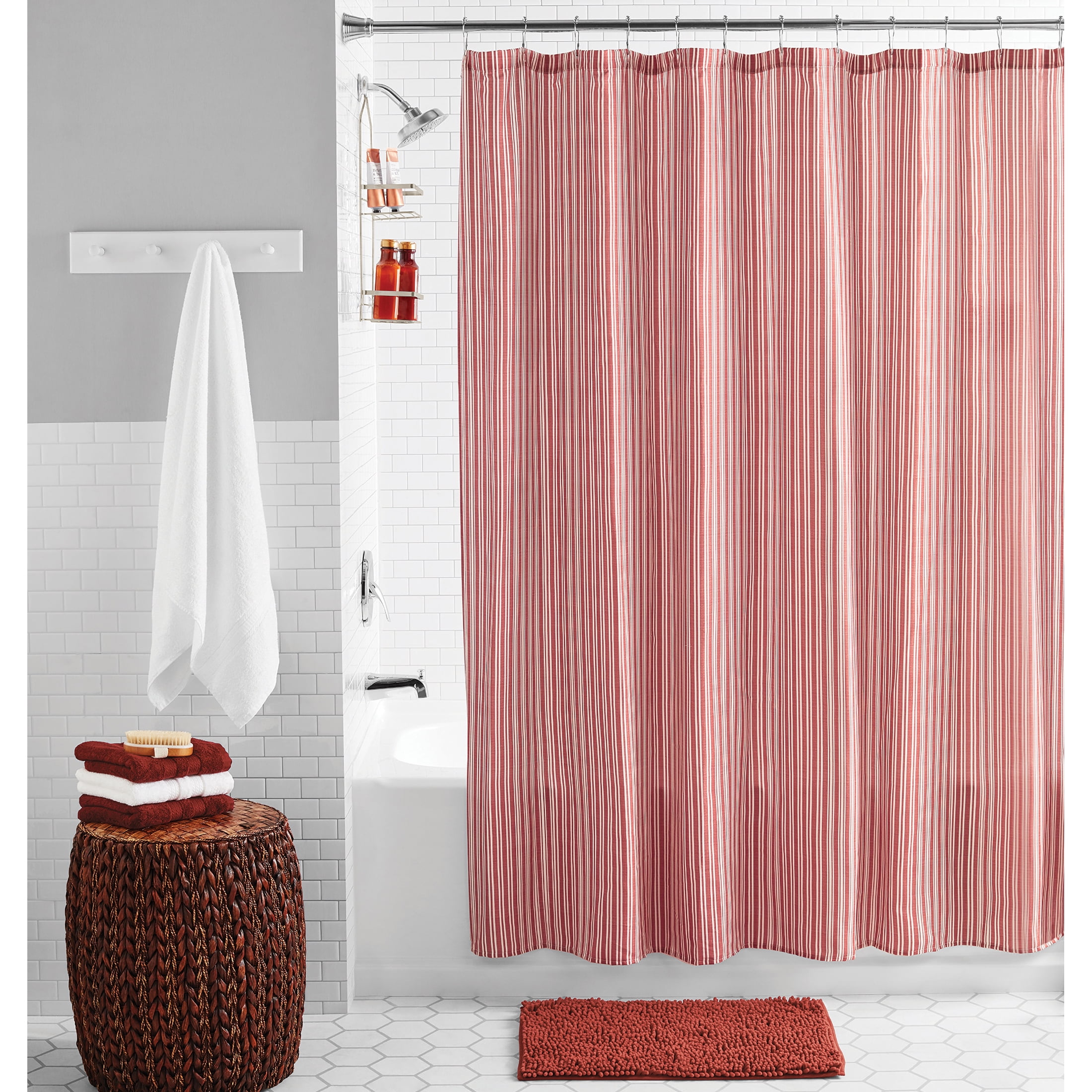 Mainstays Ticking Rusty Brick Stripe Polyester Bath Set, 15-Piece ...