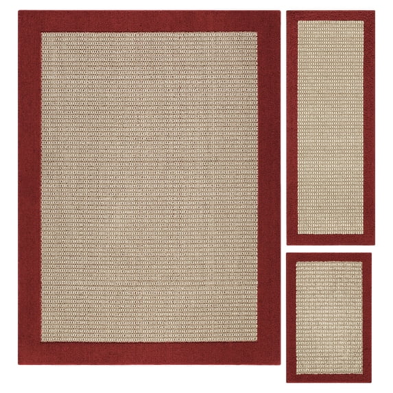 Mainstays Farmhouse Faux Sisal Red Border Indoor Area Rug Set, 3 Piece ...