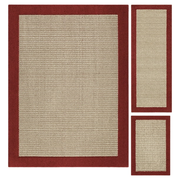 Mainstays Traditional Faux Sisal Red Border Indoor Area Rug Set, 3 ...