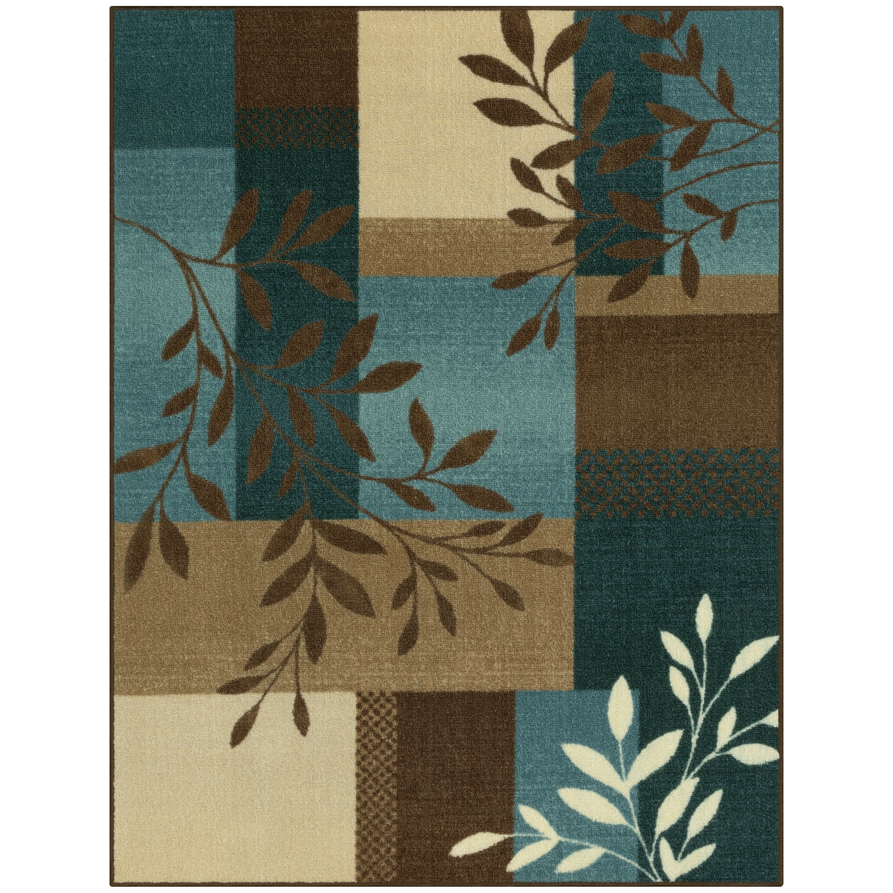 Mainstays Traditional Leaf Block Blue Brown Print Indoor Area Rug, 4'x5 ...
