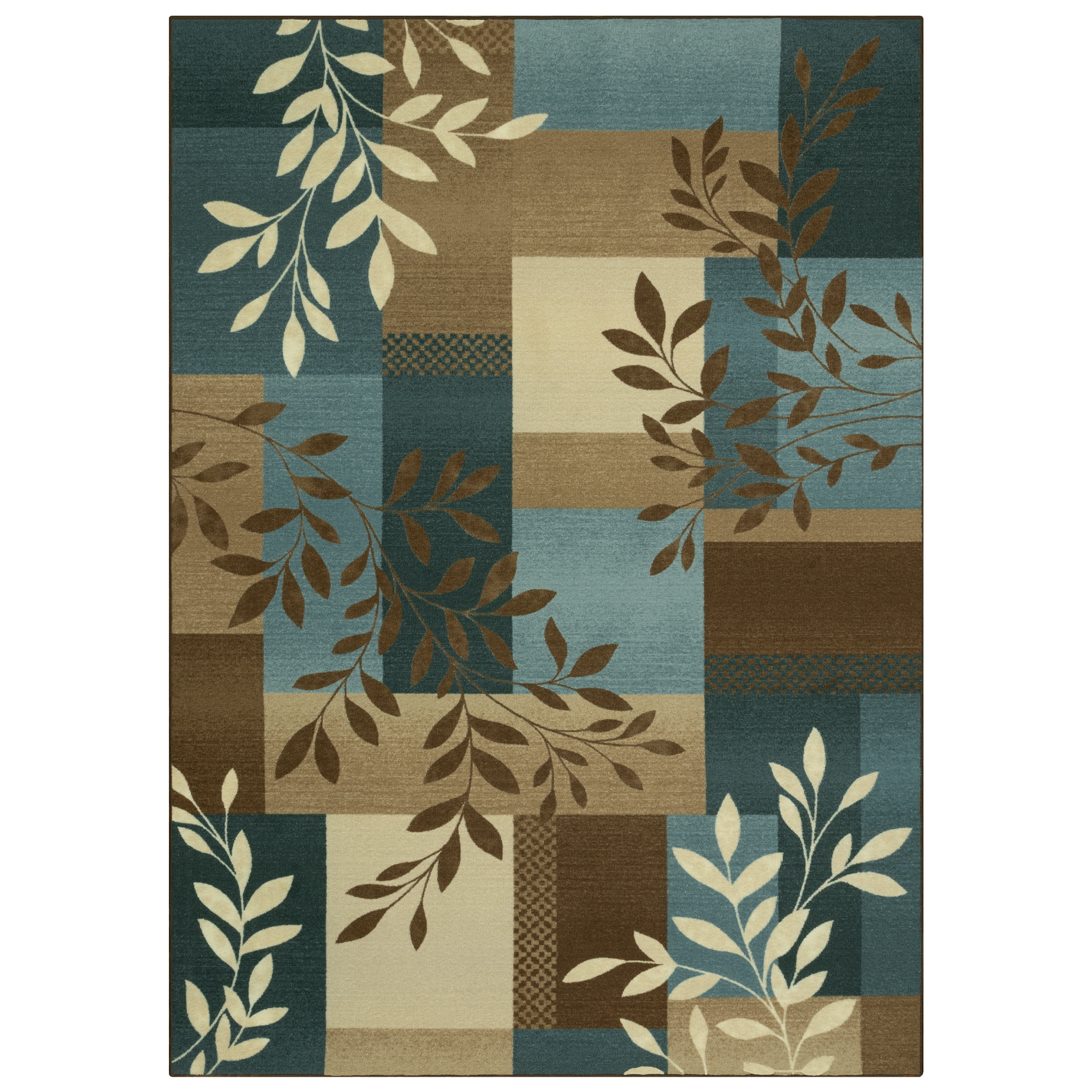 Mainstays Traditional Leaf Block Blue Brown Print Indoor Area Rug, 7' x ...