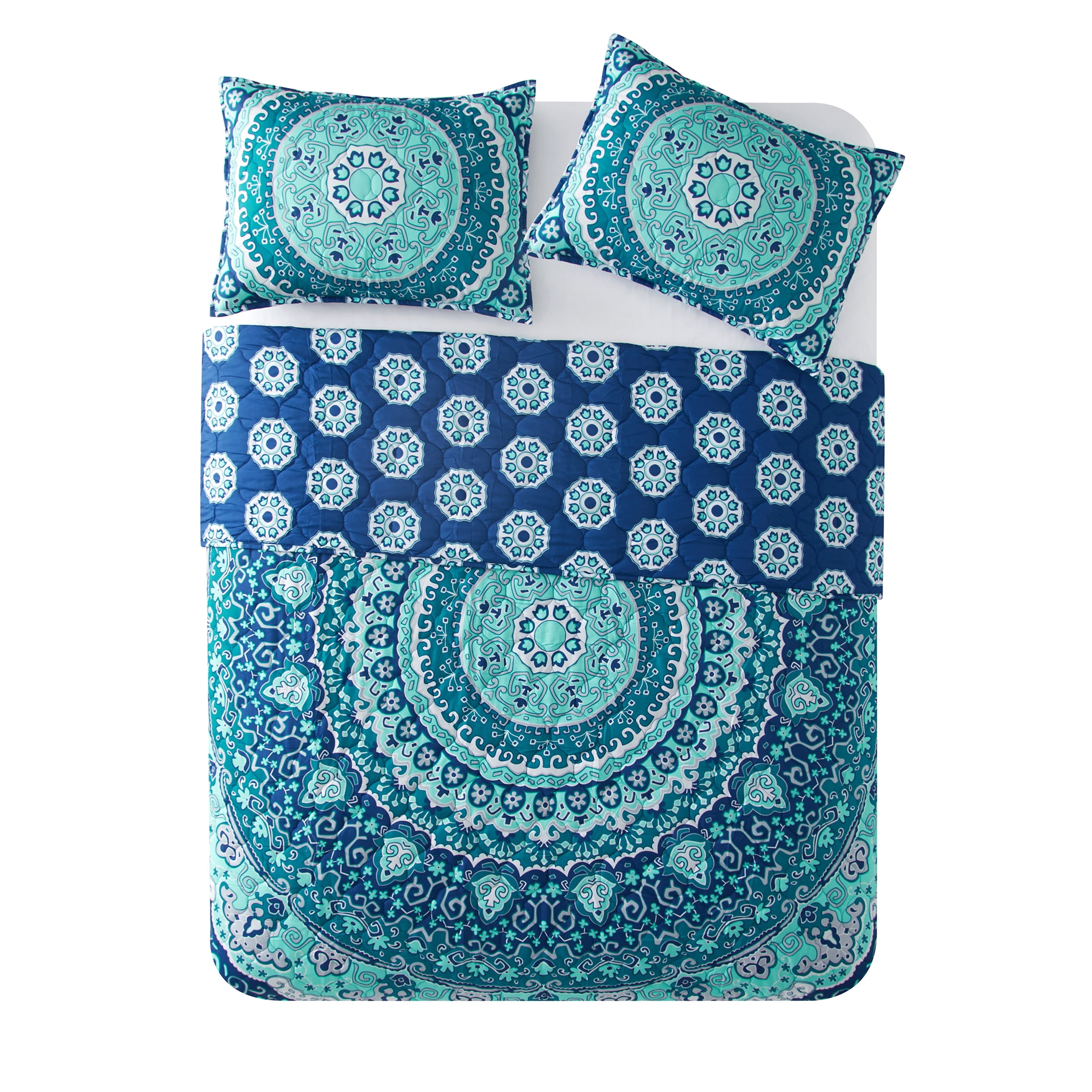 Mainstays Traditional Teal Medallion Reversible Quilt, Full/Queen ...