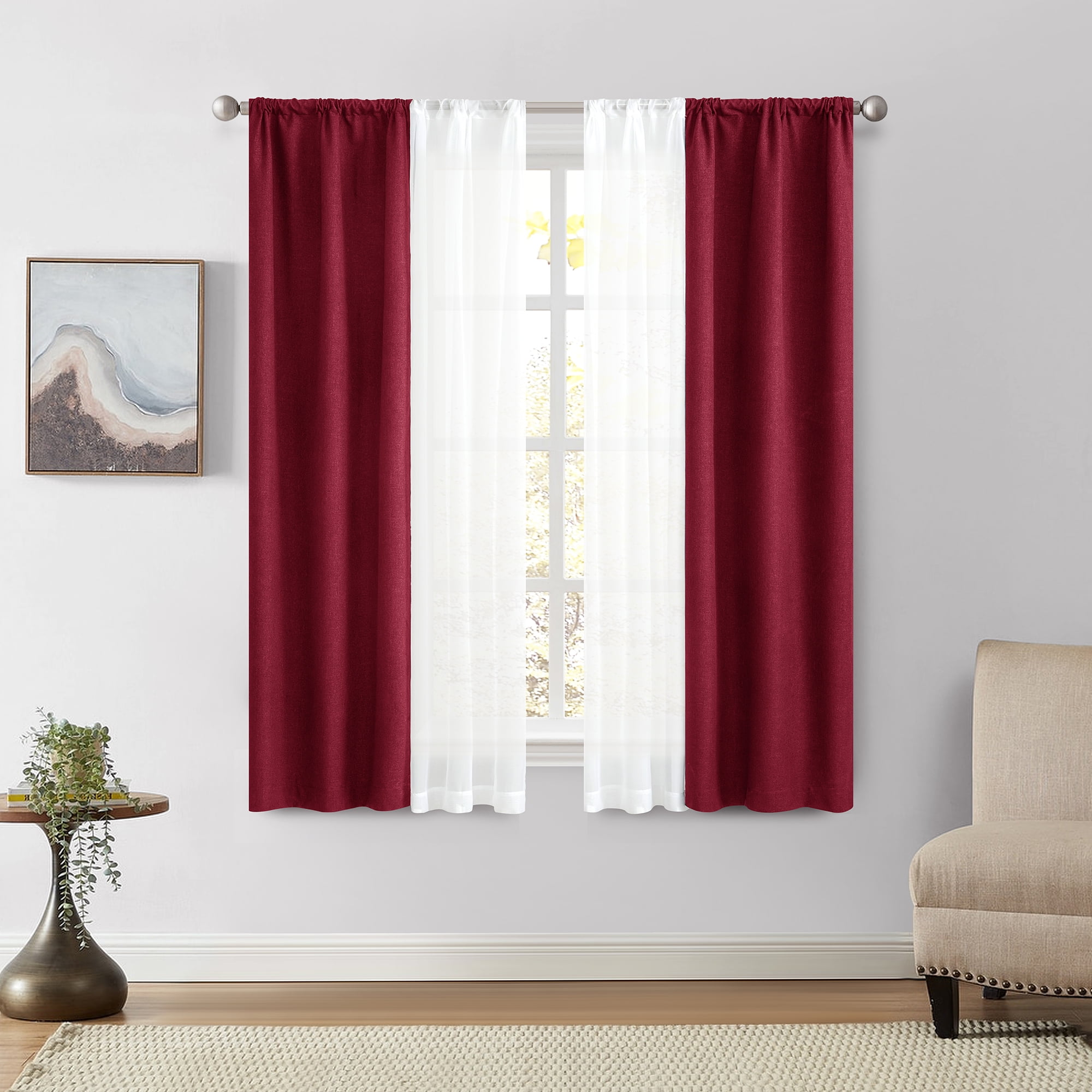Mainstays Solid Twill Blackout Curtain Panel and Sheers, Set of 4, Merlot, 27.5" W x 63" L ...