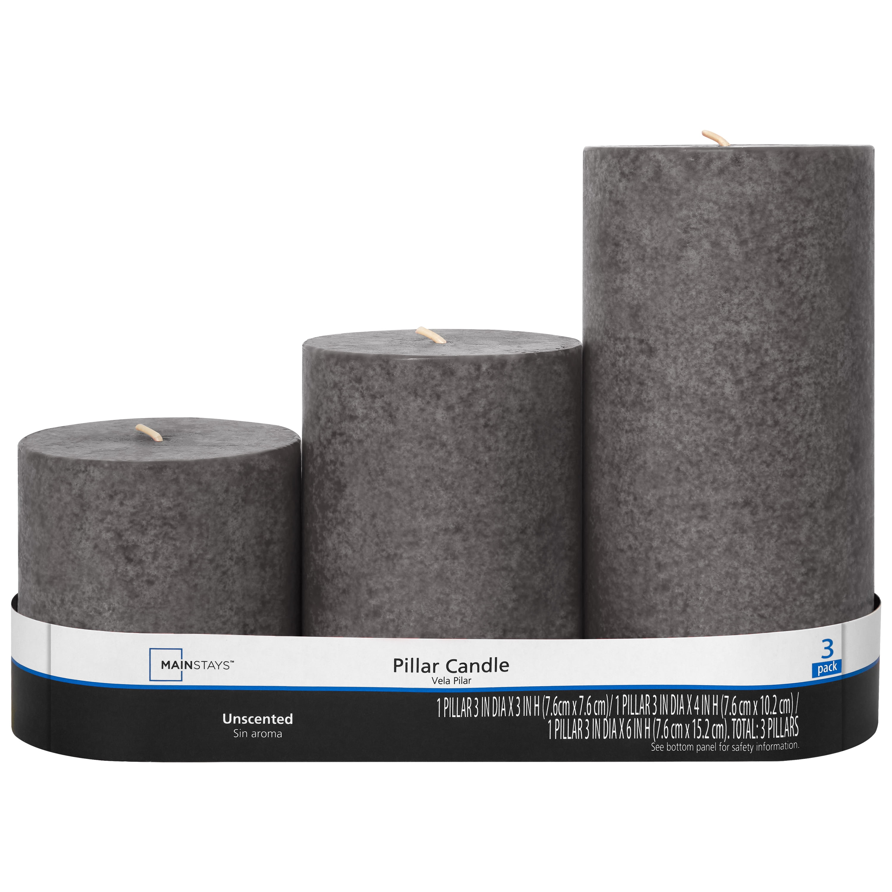 Mainstays Unscented Decorative Pillar Candles Set (3x3, 3x4, 3x6) Dark ...