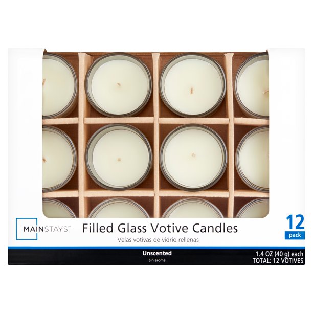 Mainstays Unscented Filled Votive Glass Candles, Ivory, 12-Pack Votive ...