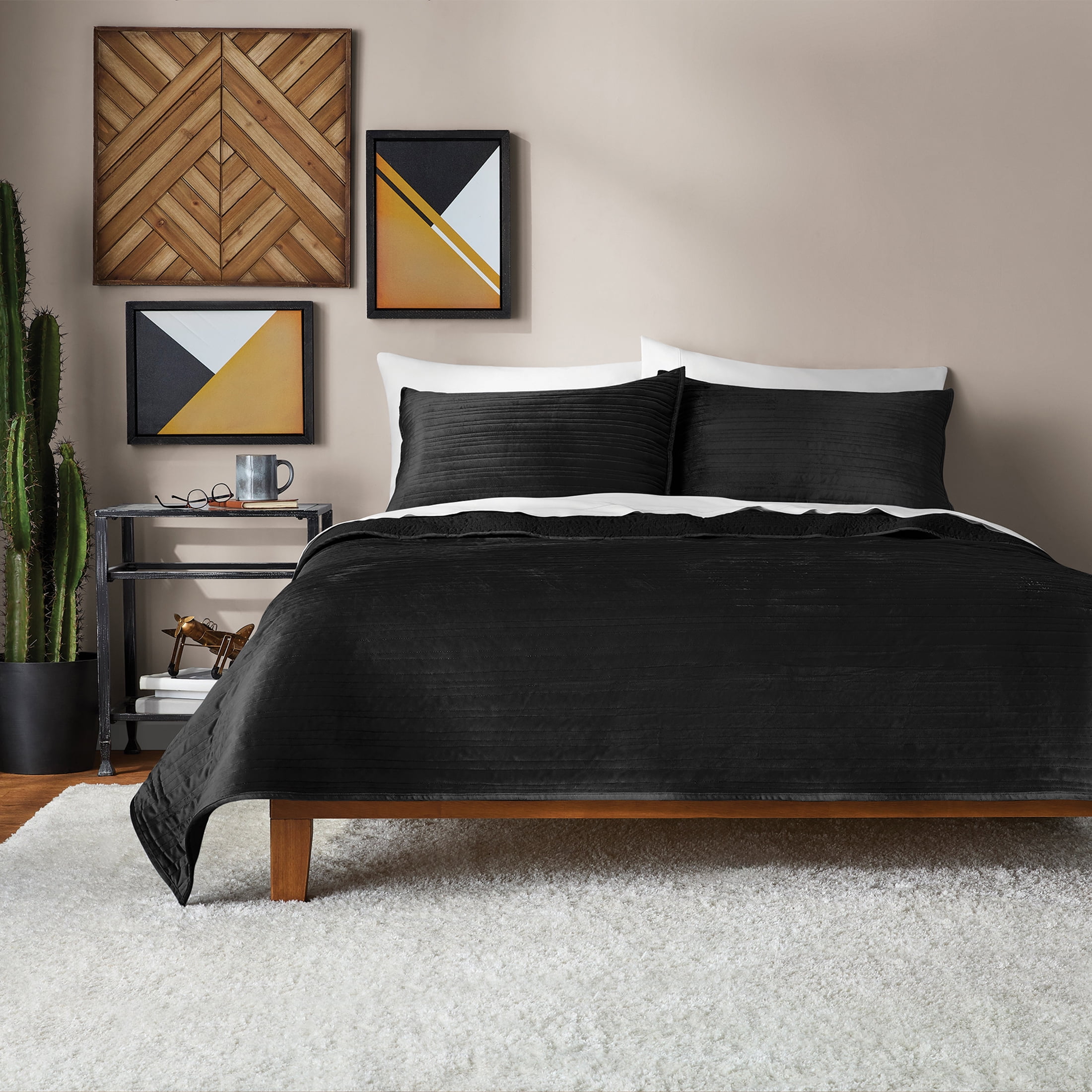 Mainstays Soft Velvet Stripe Quilt Black Full Queen Cozy Textured ...
