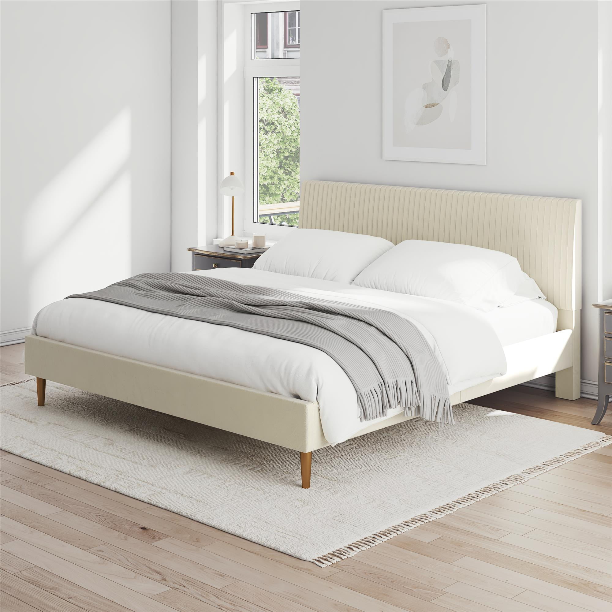 Mainstays Vera Upholstered Platform Bed, King, Cream Velvet - Walmart.com