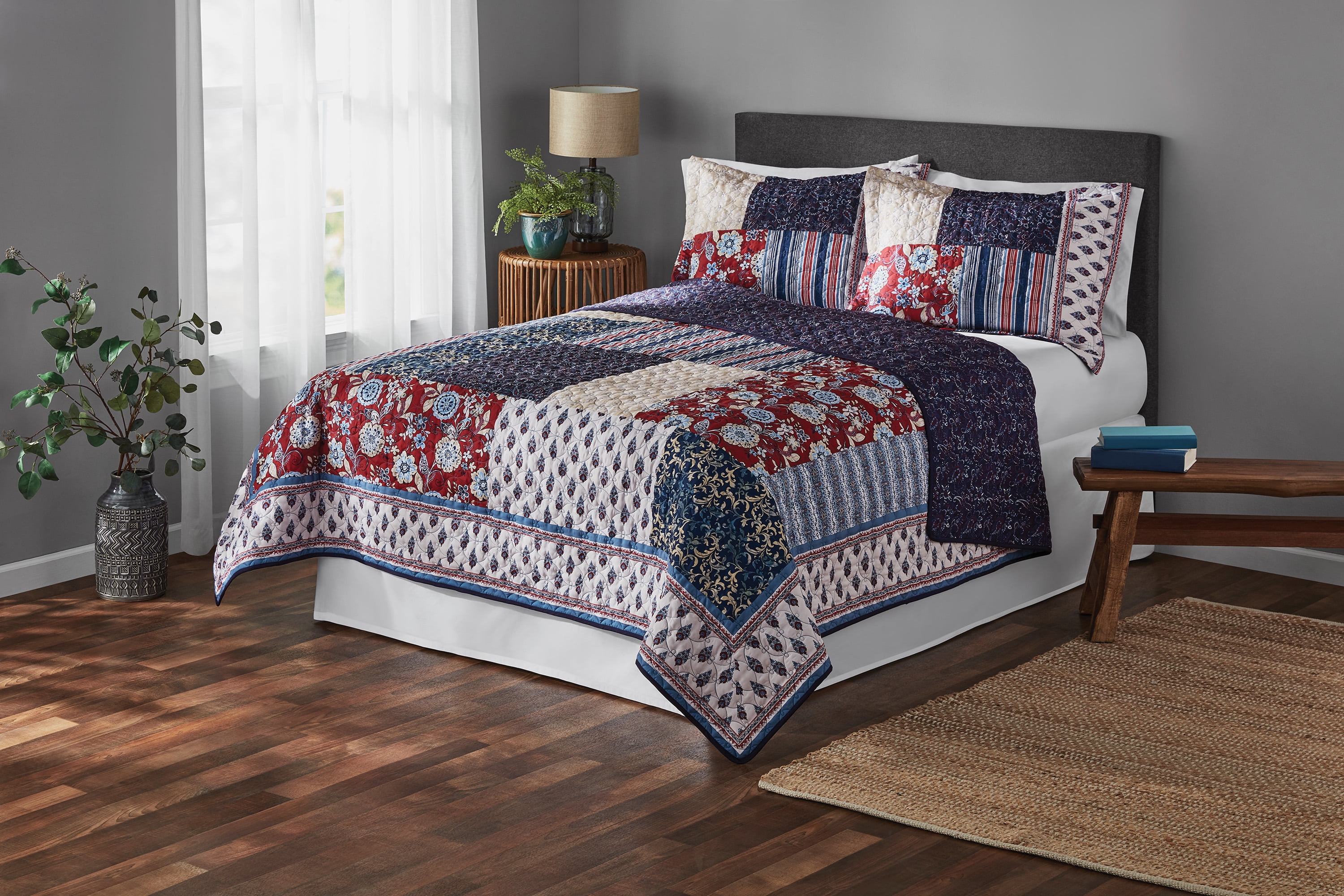 Mainstays Vintage Americana Patchwork Reversible Quilt Set, Full/Queen ...