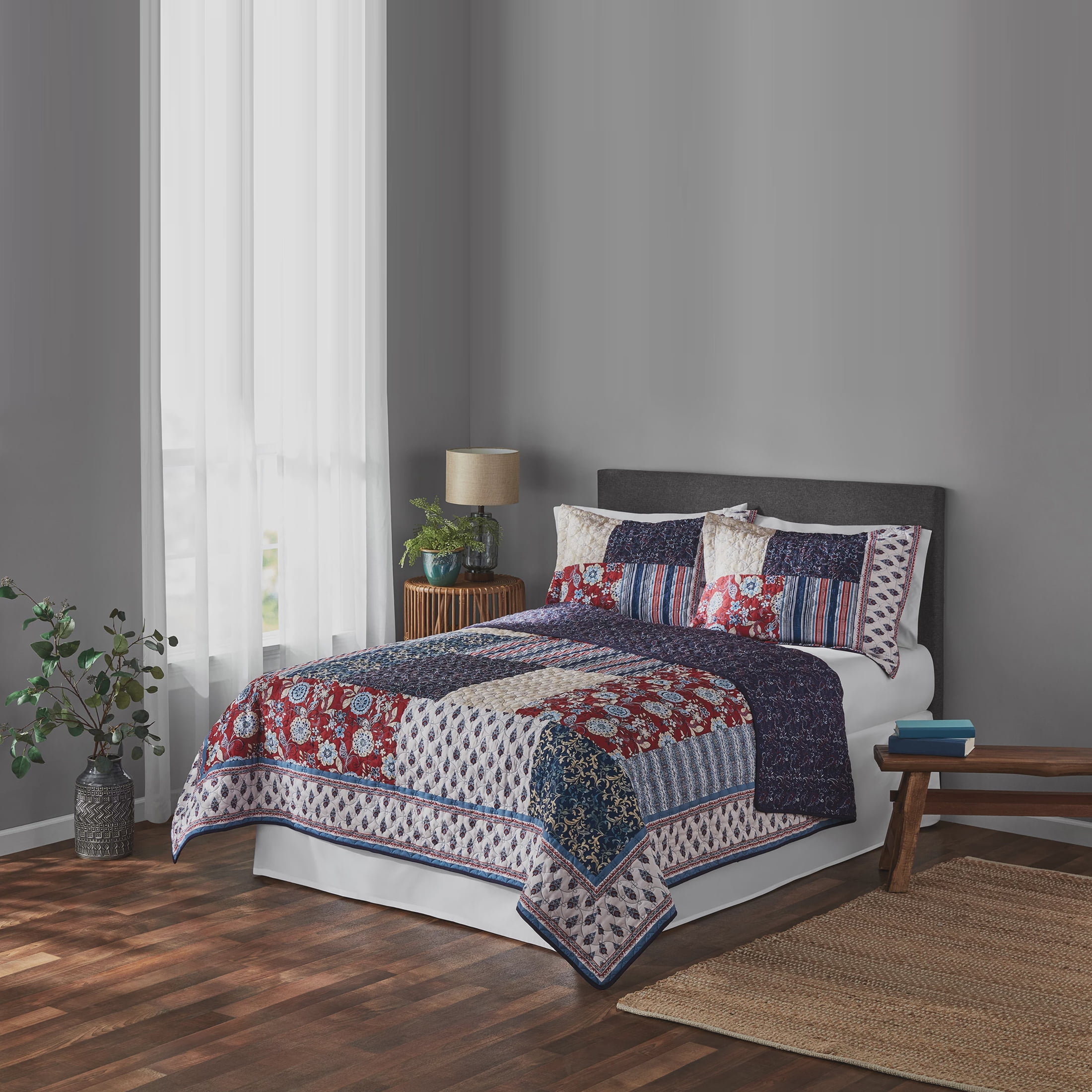 Mainstays Vintage Americana Patchwork Reversible Quilt Set, King ...