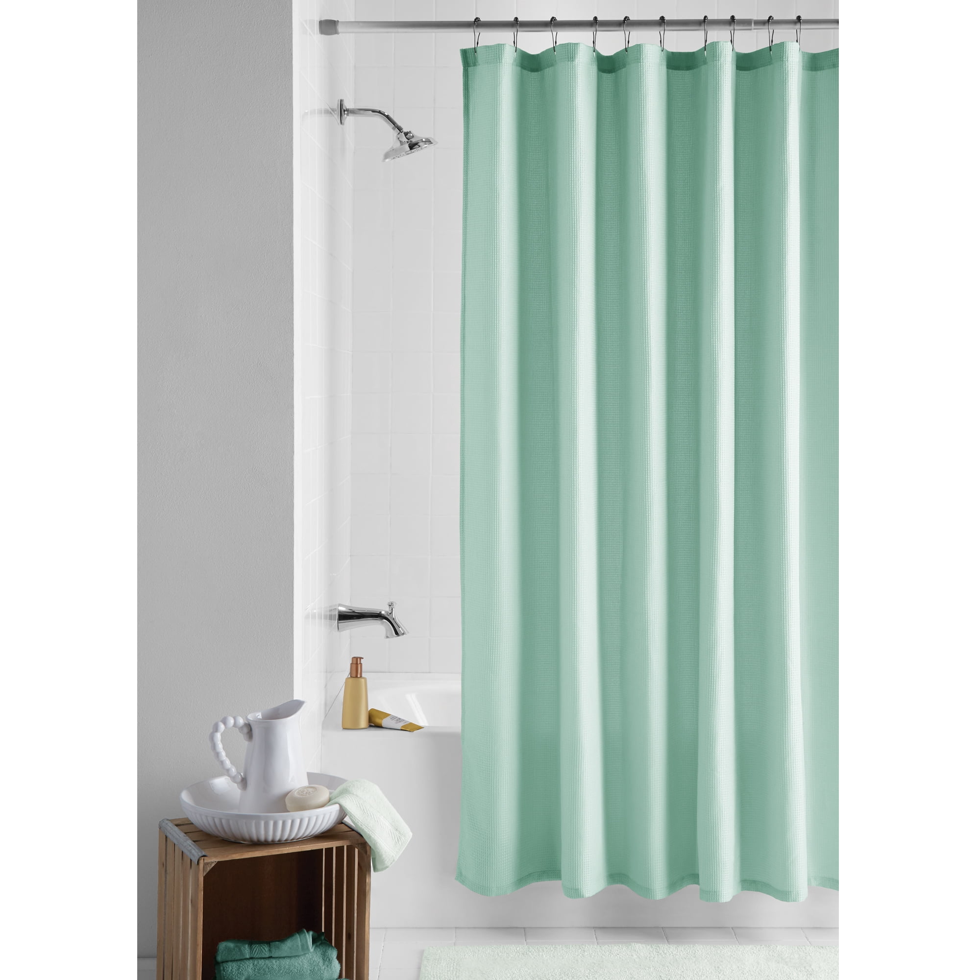 Mainstays Waffle Weave Fabric Shower Curtain, Solid, Mint, 70" x 72 ...