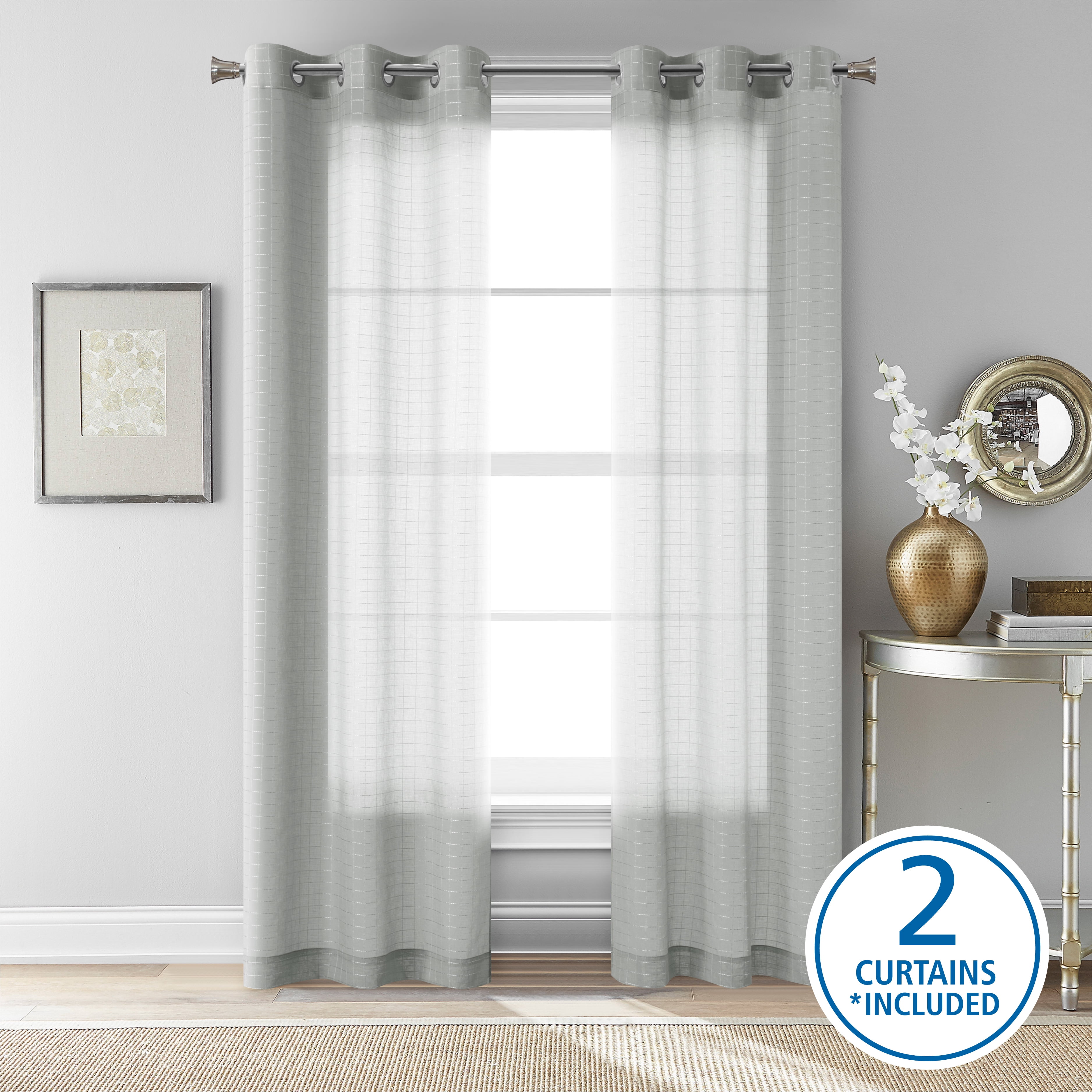 Mainstays Windowpane Sheer Curtain Panel Pair, Set of 2, Soft Silver ...