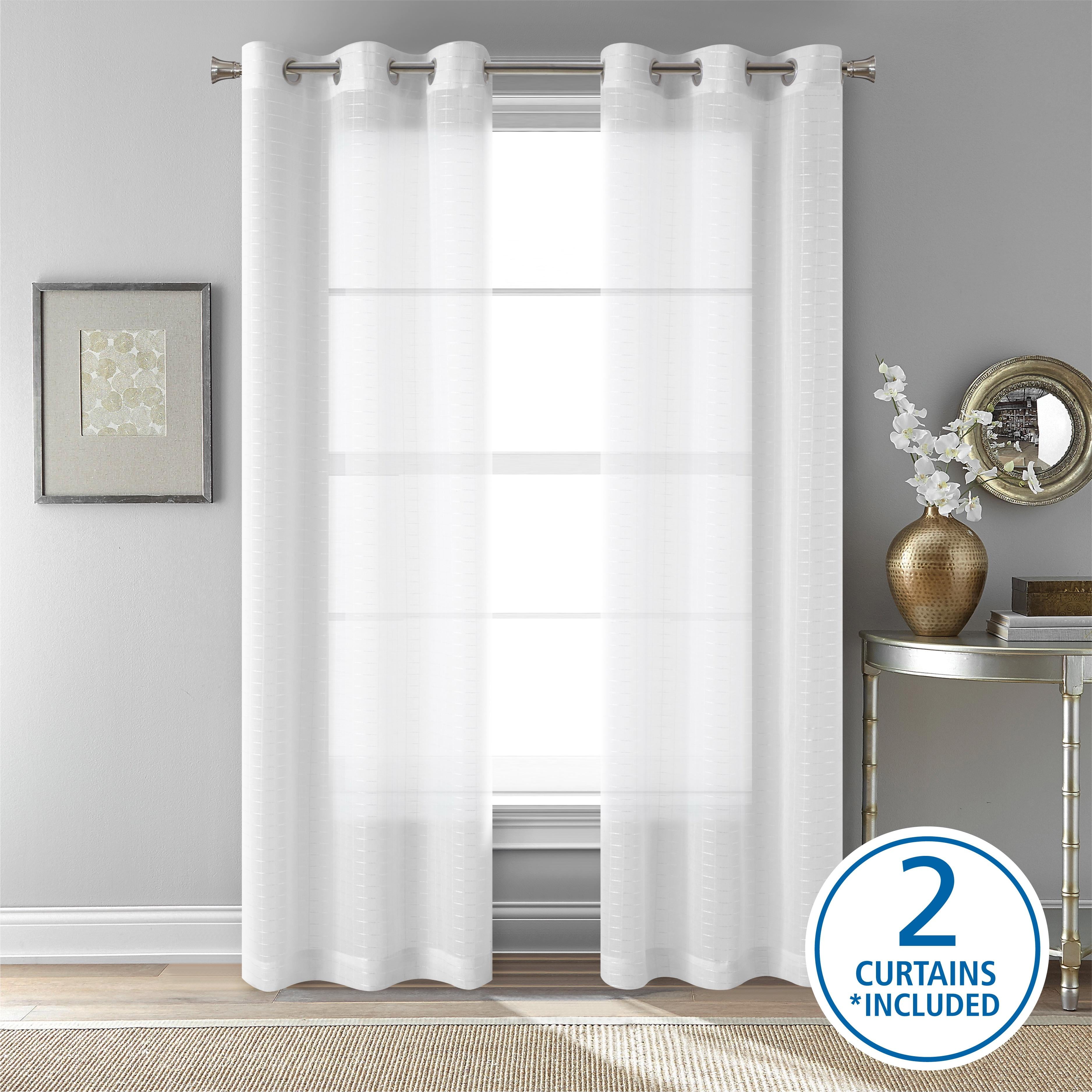 Mainstays Windowpane Sheer Curtain Panel Pair, Set of 2, White, 38" W x ...