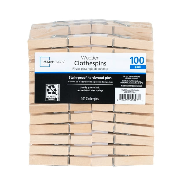 Mainstays Wooden Moisture Resistant Dry Laundry Clothespins, 100 Count ...