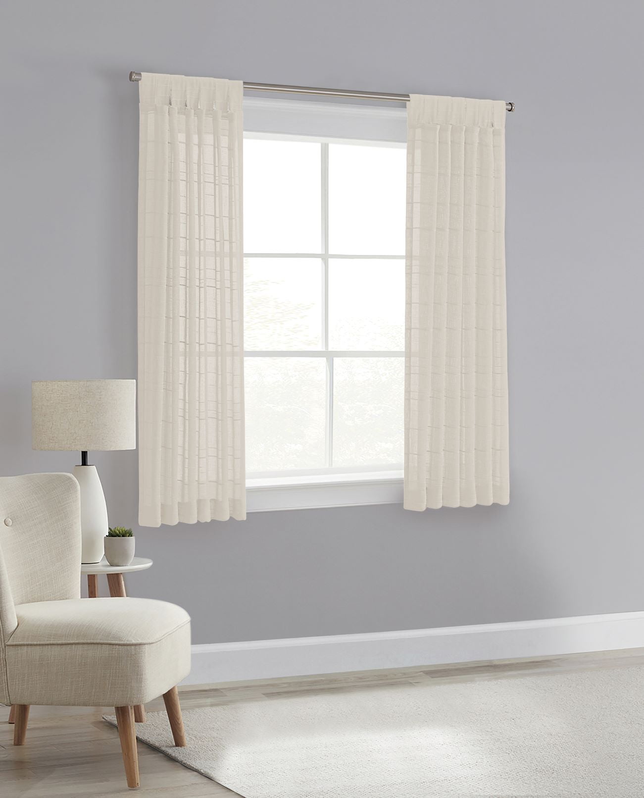 Mainstays Woven Sheer Stripe Tab Top Single Curtain Panel Beige 50w