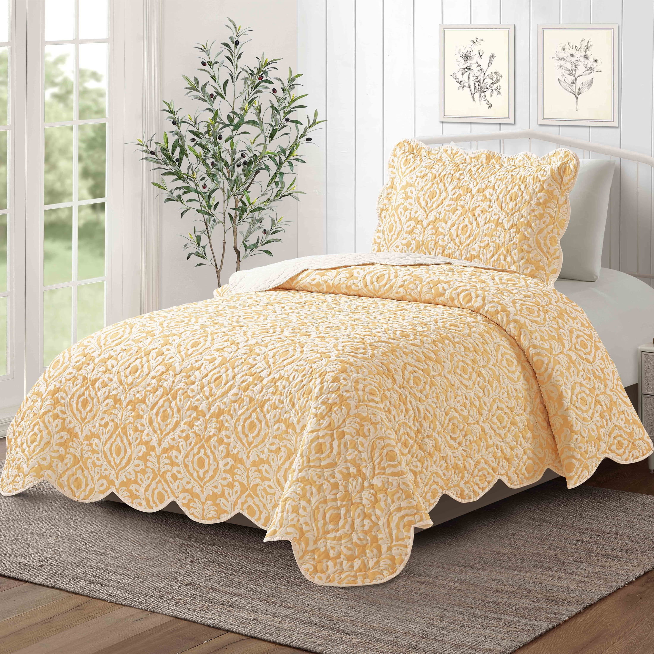 Mainstays Yellow Damask Quilt Set, 2-Piece with Sham, Floral Pattern ...