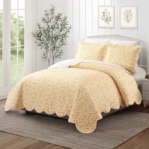 Mainstays Yellow Damask 3-Piece Quilt Set, Full/Queen - Walmart.com