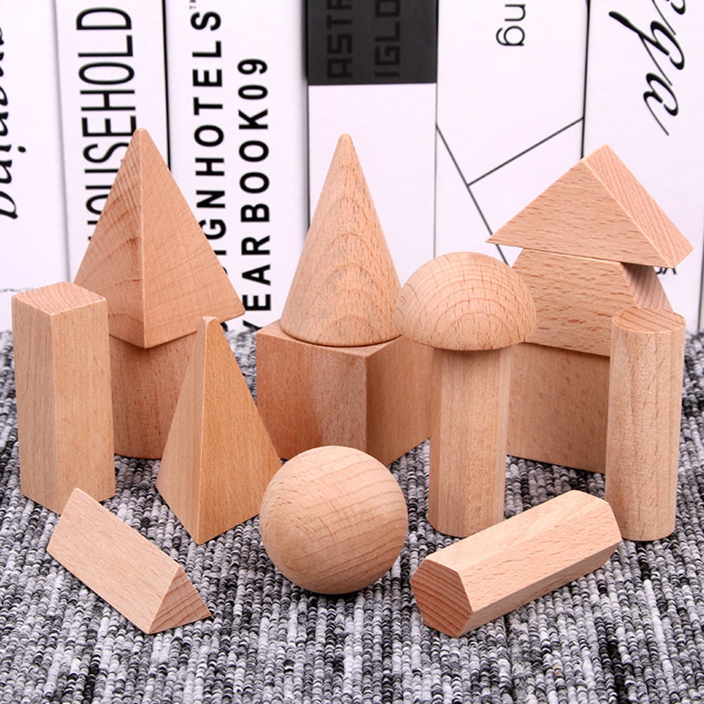 Mairbeon 15Pcs Wooden Blank 3D Geometry Solid Blocks Kids Learning Math ...