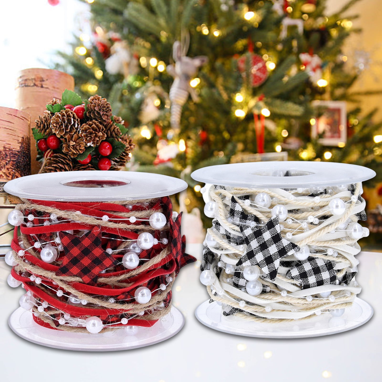 Mairbeon Gift Wrapping Ribbon Cute Red Black Plaid Pentagram White Bead ...