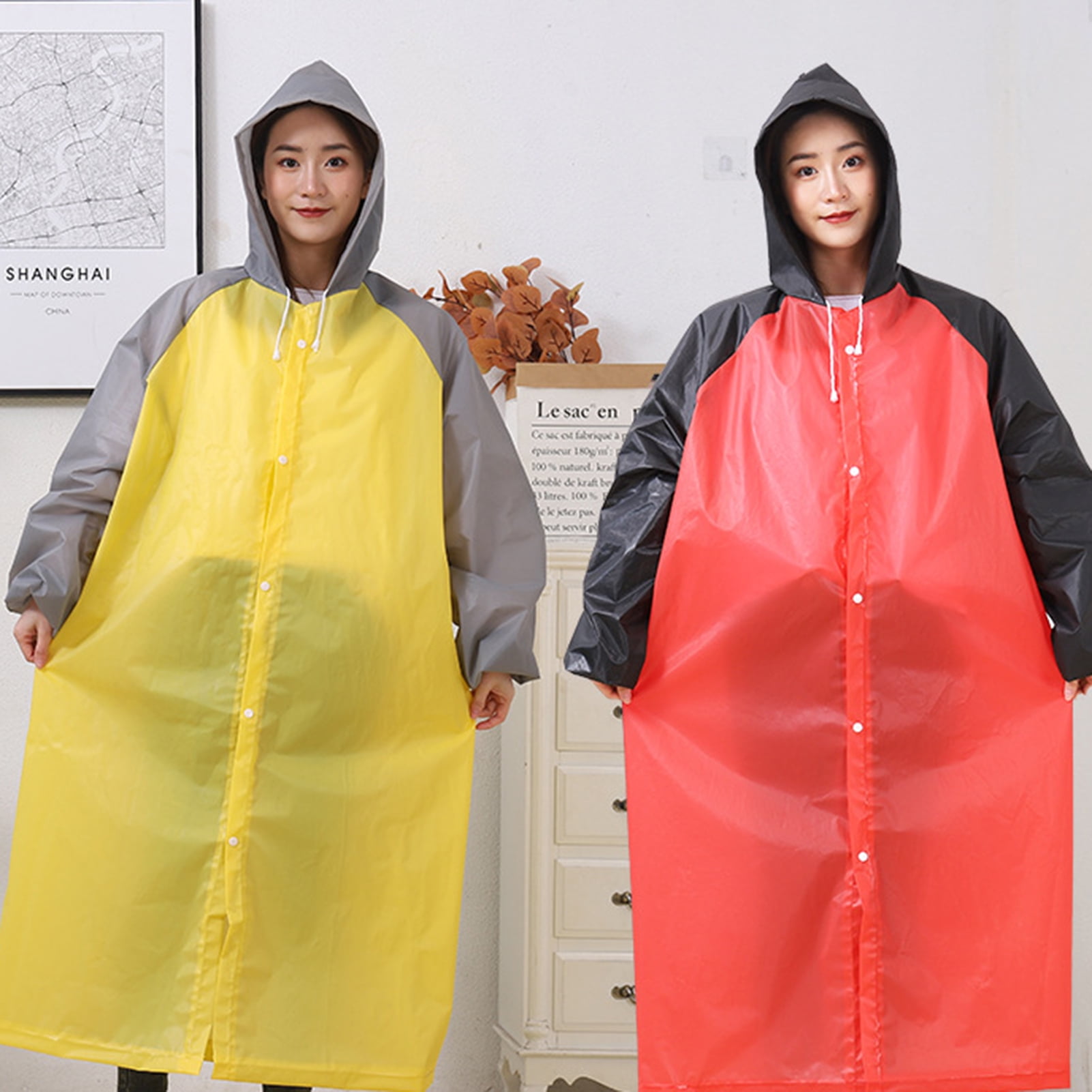 Mairbeon Raincoat Splicing Pattern Long Cap Rope Design Fashion Hooded ...