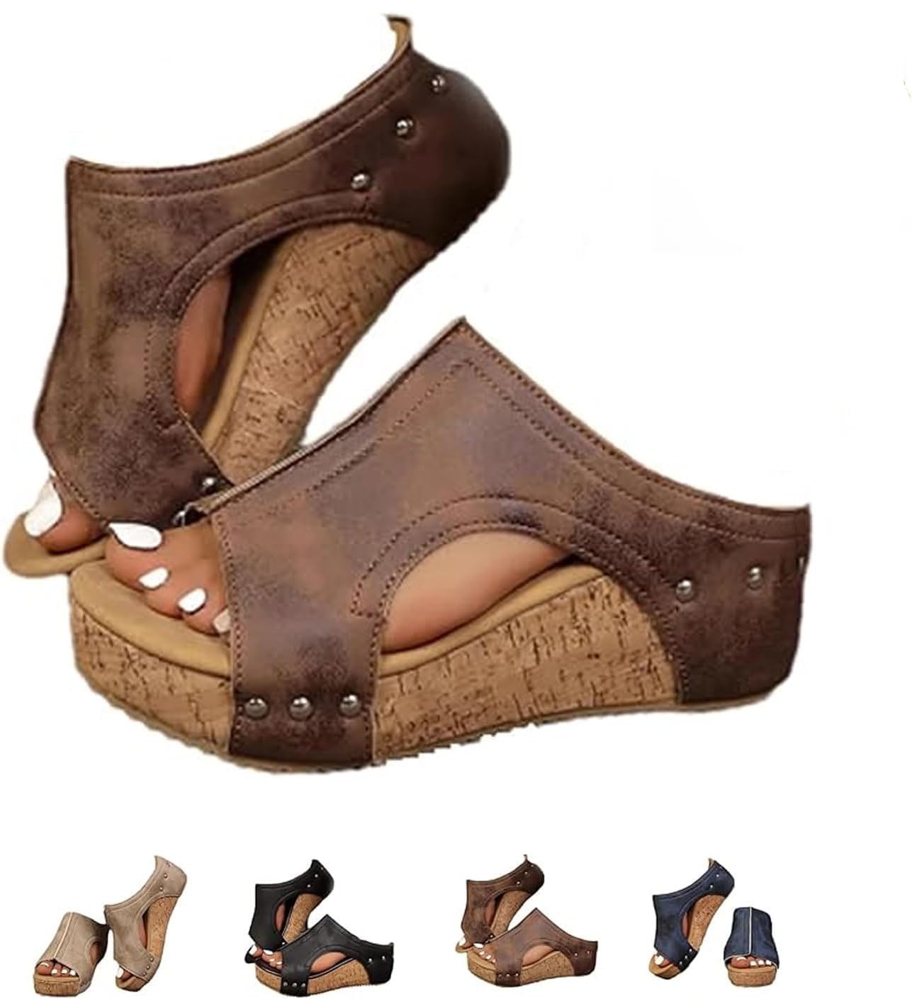 Maison Birch Cork Wedges, Stud Wedges Shoes, Cork Wedge Sandals for Women with Comfy Platform ...
