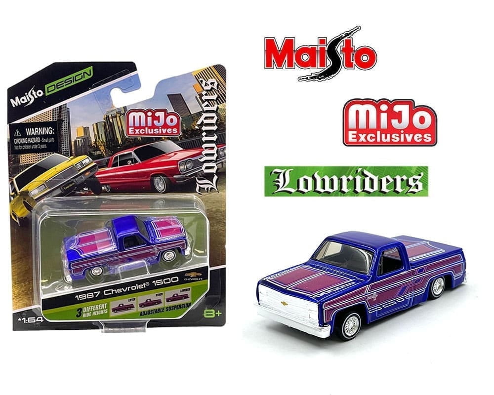 Maisto 1:64 1987 Chevrolet 1500 Lowriders – Metallic Blue – Design Lowriders – MiJo Exclusives ...
