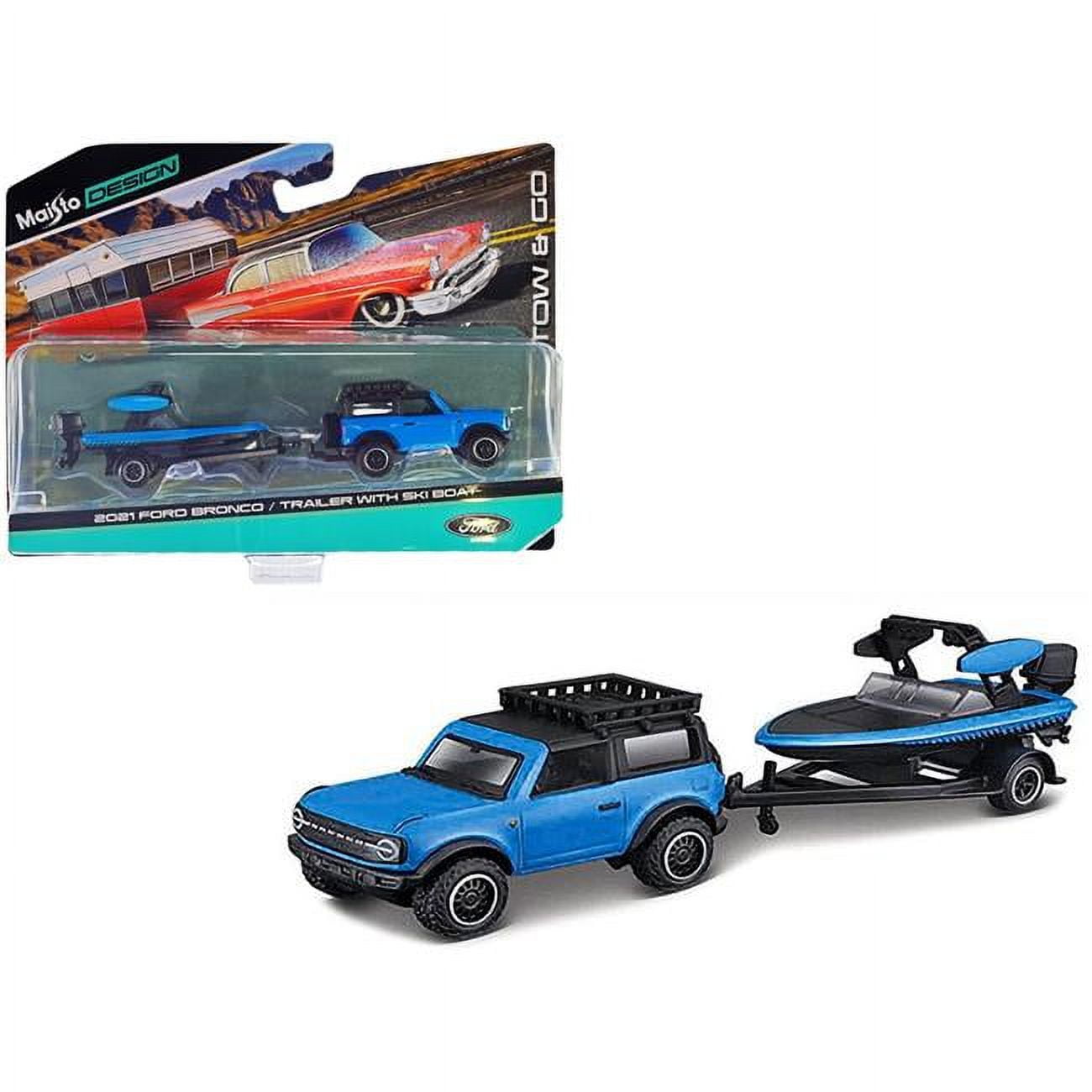 2021 Ford Bronco Blue with Black Top and Roof Rack and Ski Boat with ...
