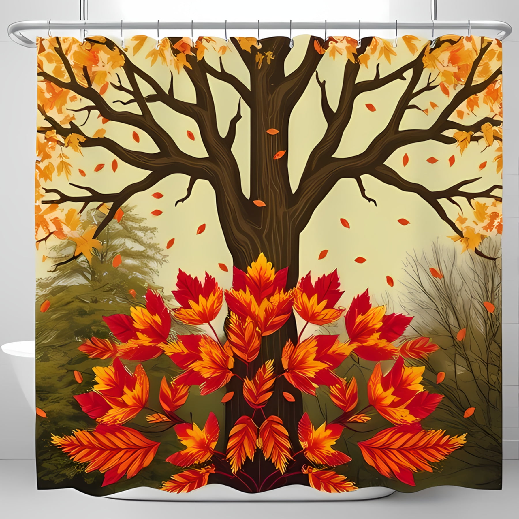 Majestic Autumn Tree Shower Curtain Vibrant Falling Leaves Design for ...