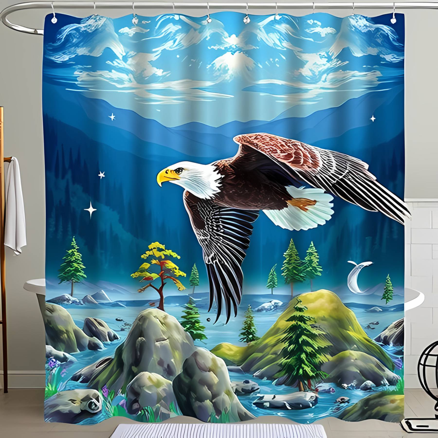 Majestic Bald Eagle Shower Curtain - Serene Night Sky Design with Stars ...