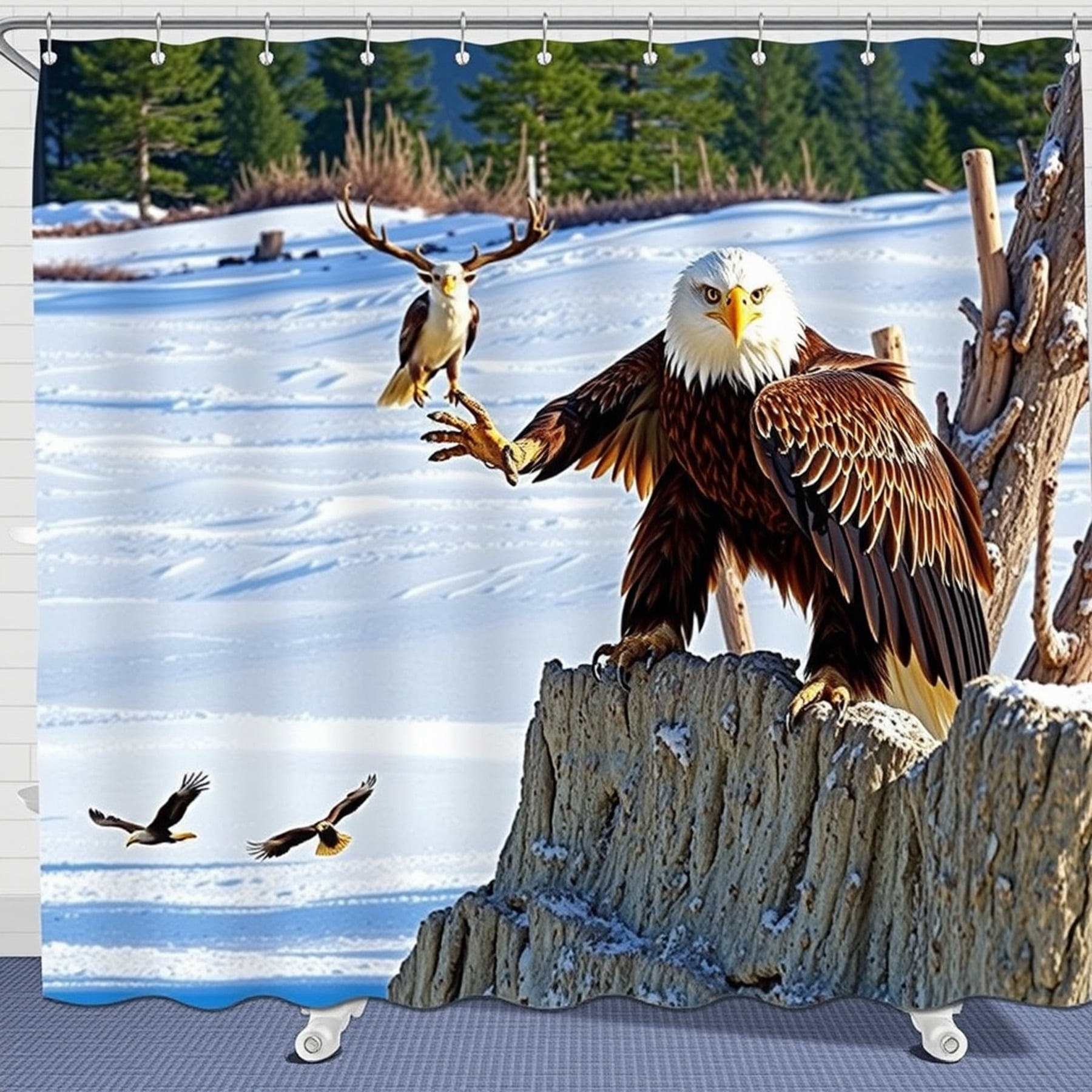 Majestic Bald Eagle Shower Curtain - Serene Winter Landscape with ...