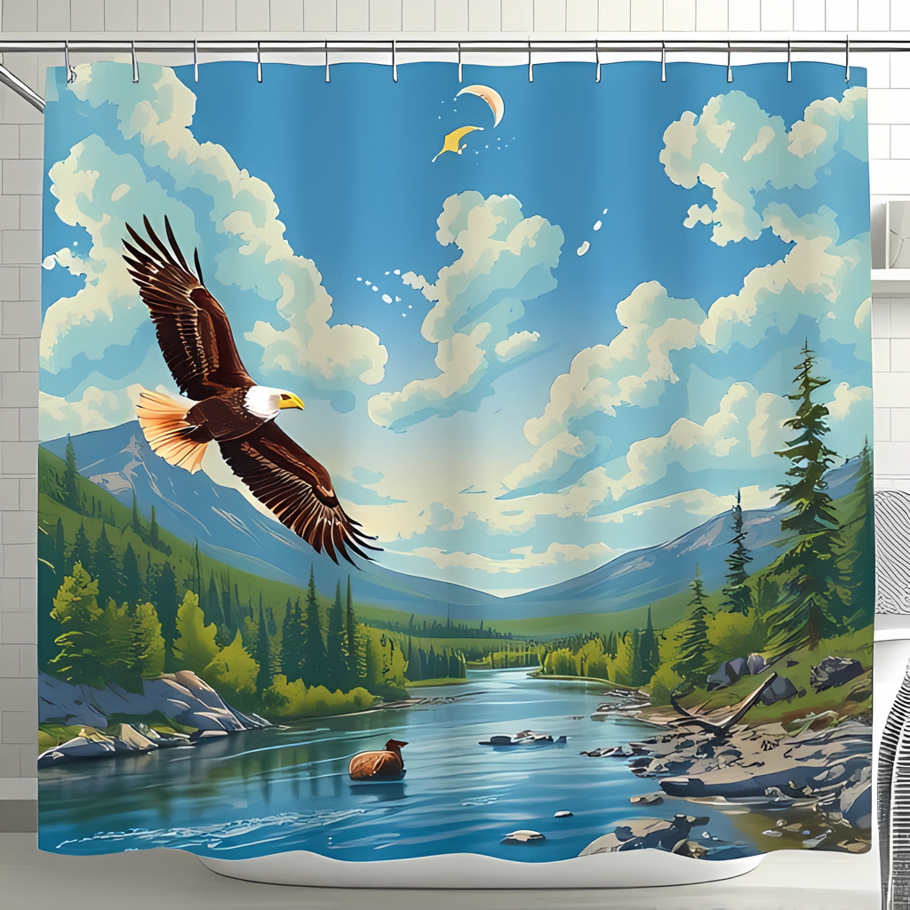 Majestic Bald Eagle Shower Curtain Vibrant Nature Scene with River ...