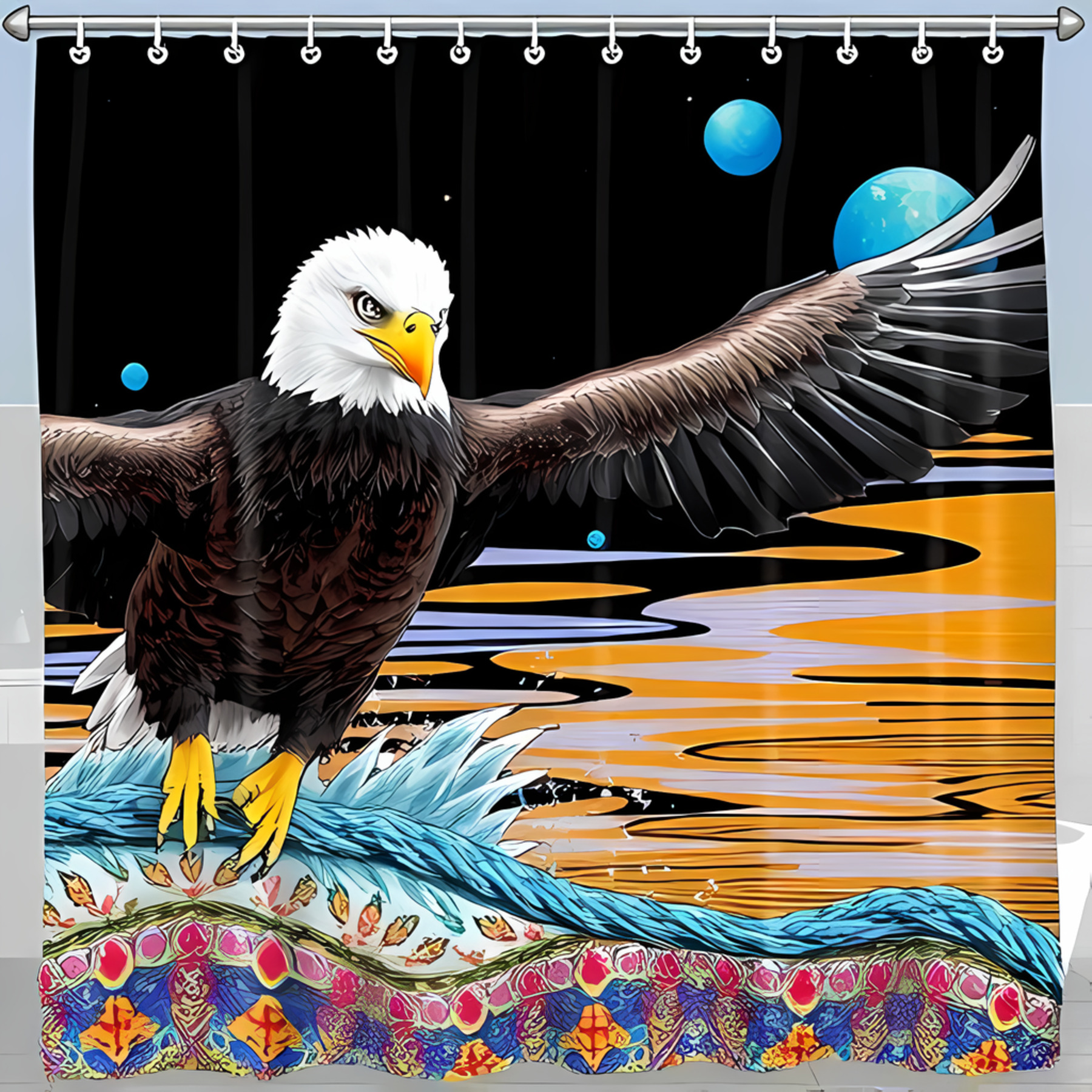 Majestic Bald Eagle Shower Curtain - Vibrant Seascape Toned Patterns ...