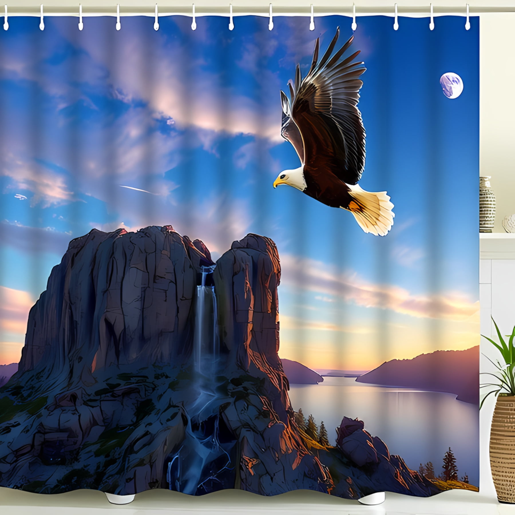 Majestic Bald Eagle Shower Curtain - Vibrant Sunset Sky Rugged Rock ...
