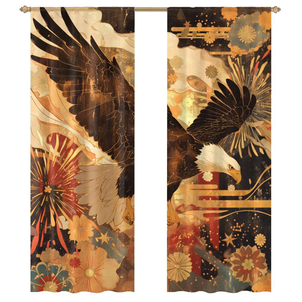 Majestic Bald Eagle With American Flag Modern Tulle Window Curtains for ...