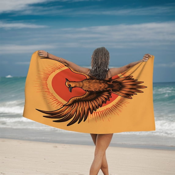 Majestic Bird Design Beach Towel - Vibrant Orange Background Intricate ...