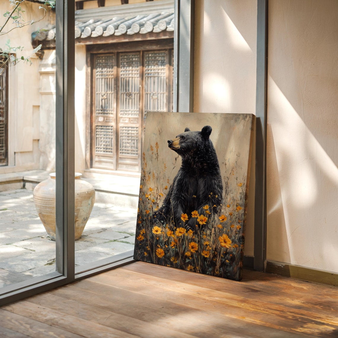 Majestic Black Bear In Golden Wildflowers – Rustic Wildlife Art, Nature ...