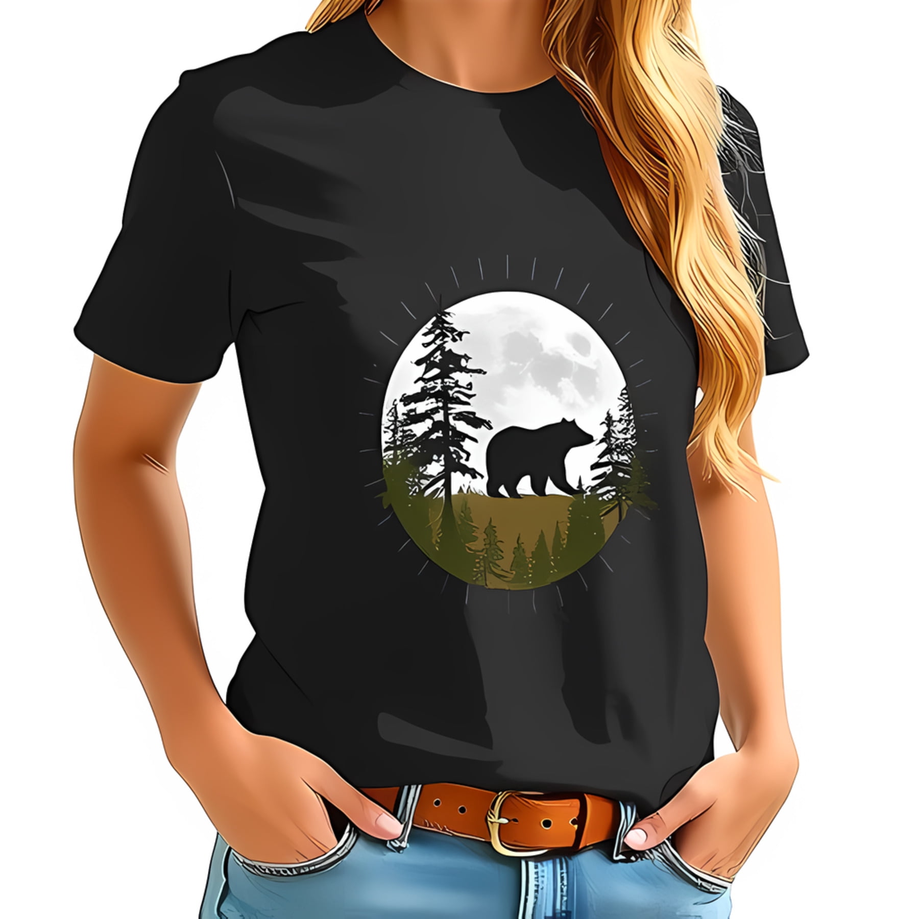 Majestic Black Bear T-Shirt - Full Moon & Forest Design - Soft Cotton ...