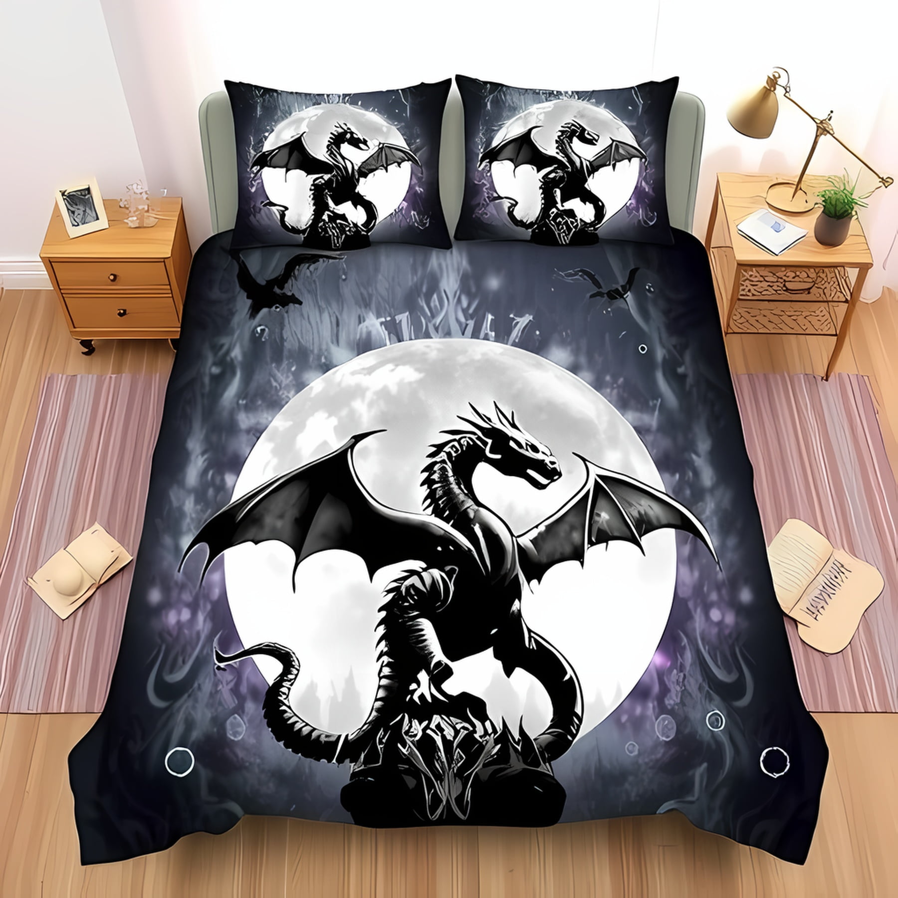 Majestic Black Dragon 3-Piece Duvet Cover & Pillowcase Set - Gothic ...