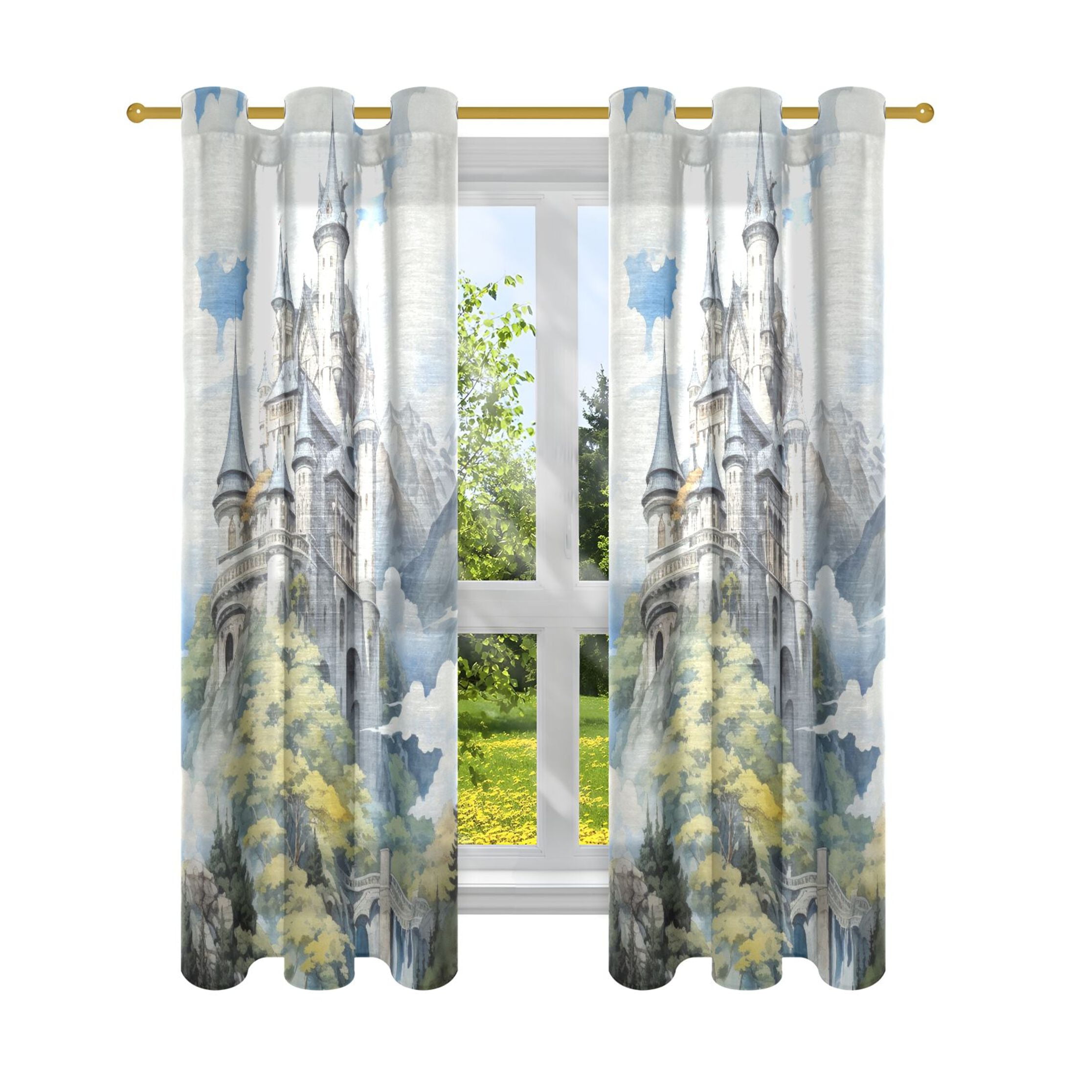 Majestic Castle Atop Mountain Sheer Curtains 2 Panels Set Grommet ...