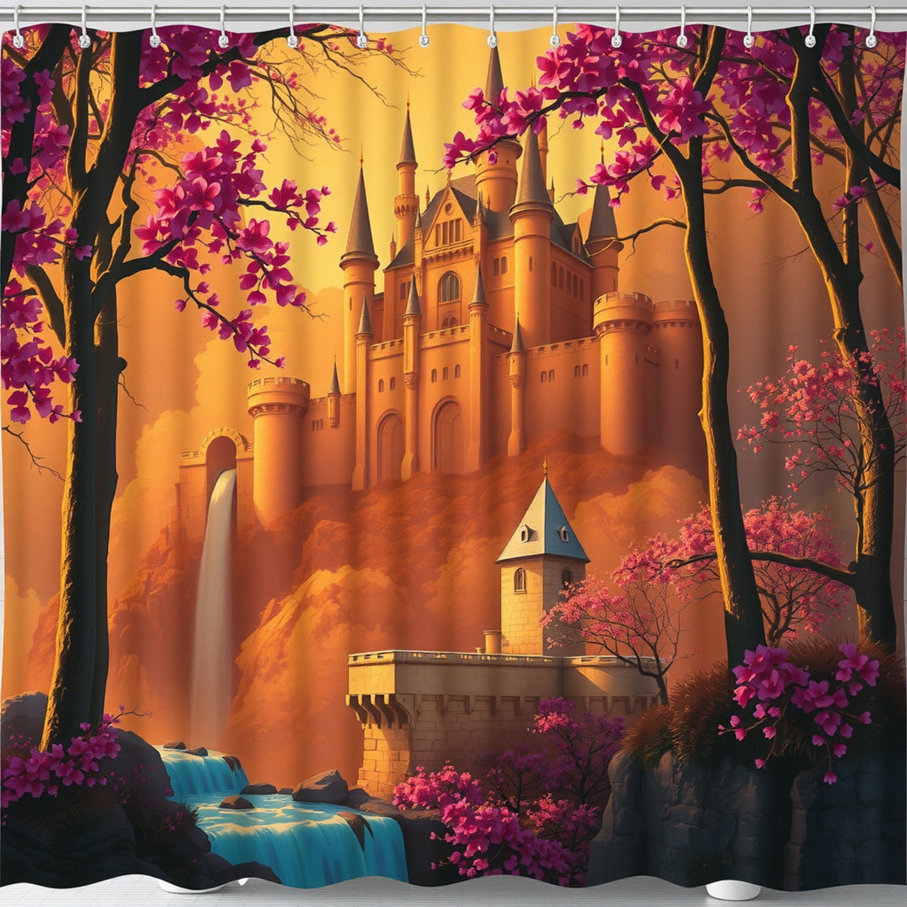 Majestic Castle Shower Curtain - Enchanting Golden Walls & Blossoms ...