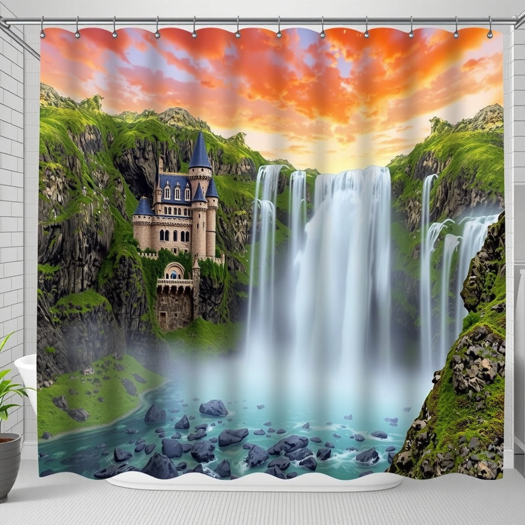 Majestic Castle Shower Curtain - Vibrant Sunset Landscape with ...