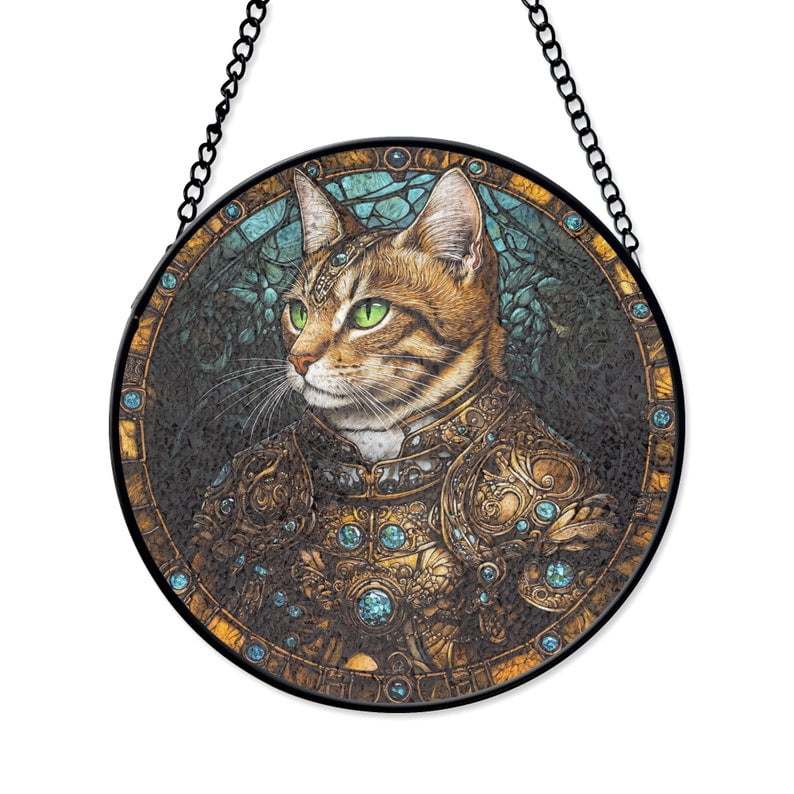Majestic Cat in Royal Armor Stained Glass Art - Medieval Fantasy Window ...