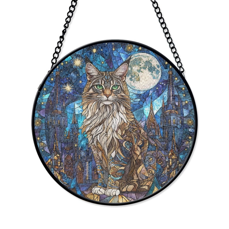 Majestic Cat with Moonlit Castle Stained Glass Art - Mystical Night ...
