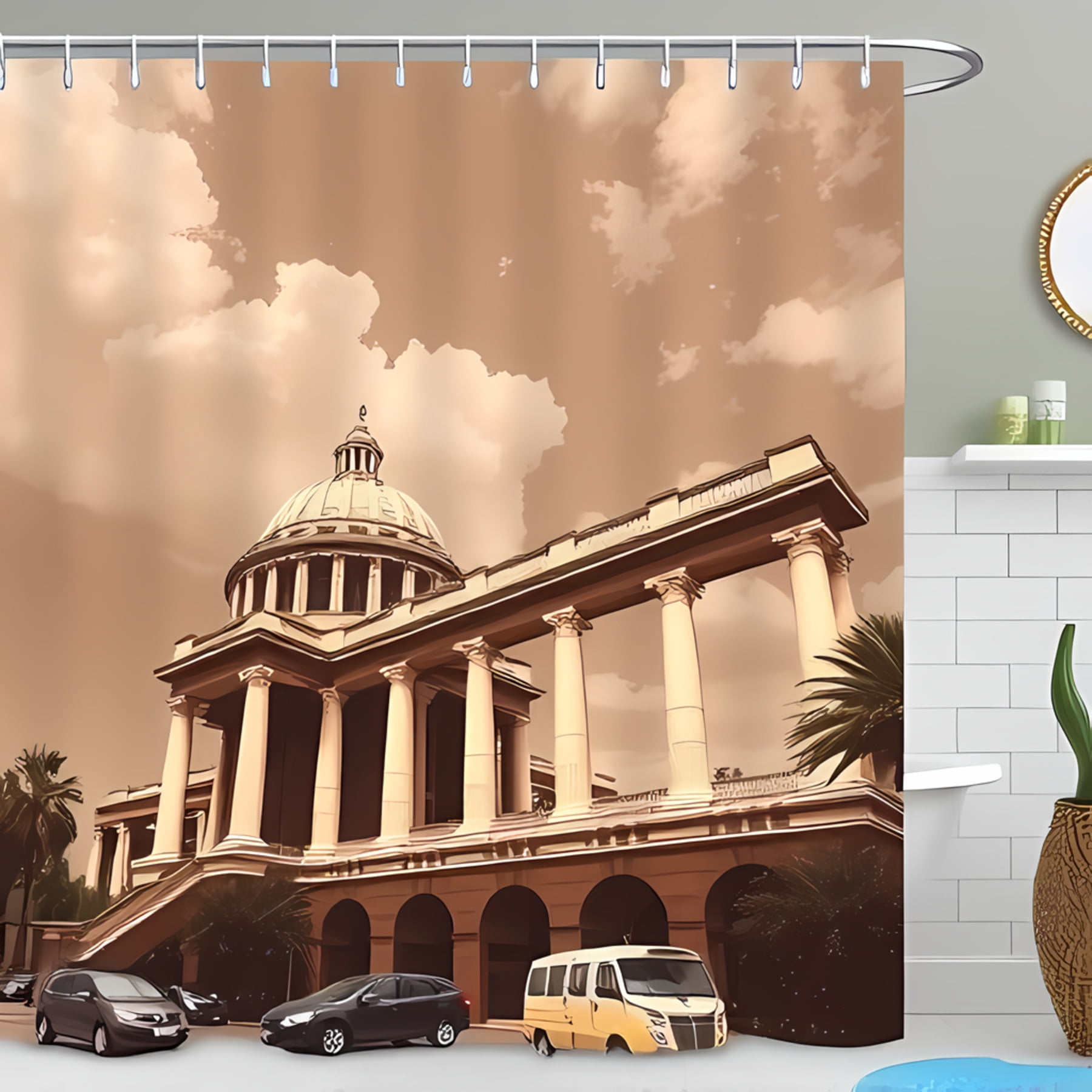 Majestic Classical Building Shower Curtain - Sepia-Toned Architectural ...